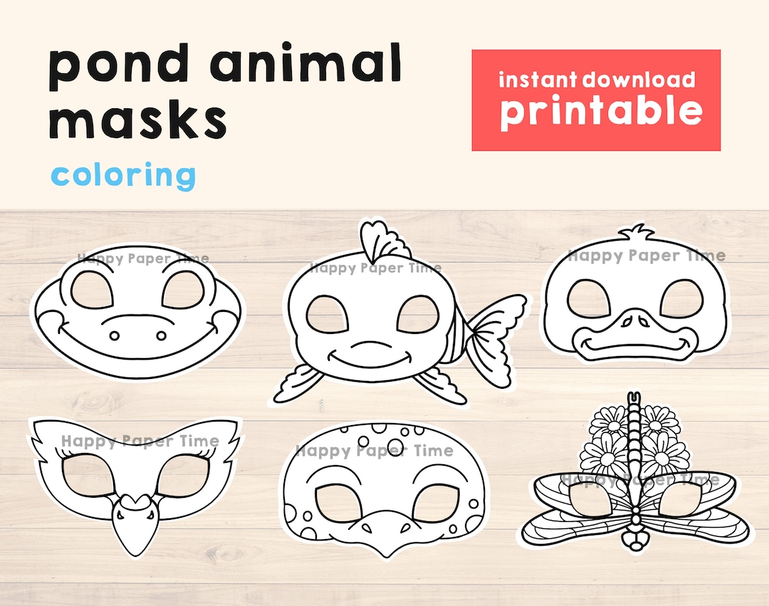 Pond Animals Paper Mask Craft Activity Coloring for Kids, Duck, Frog ...