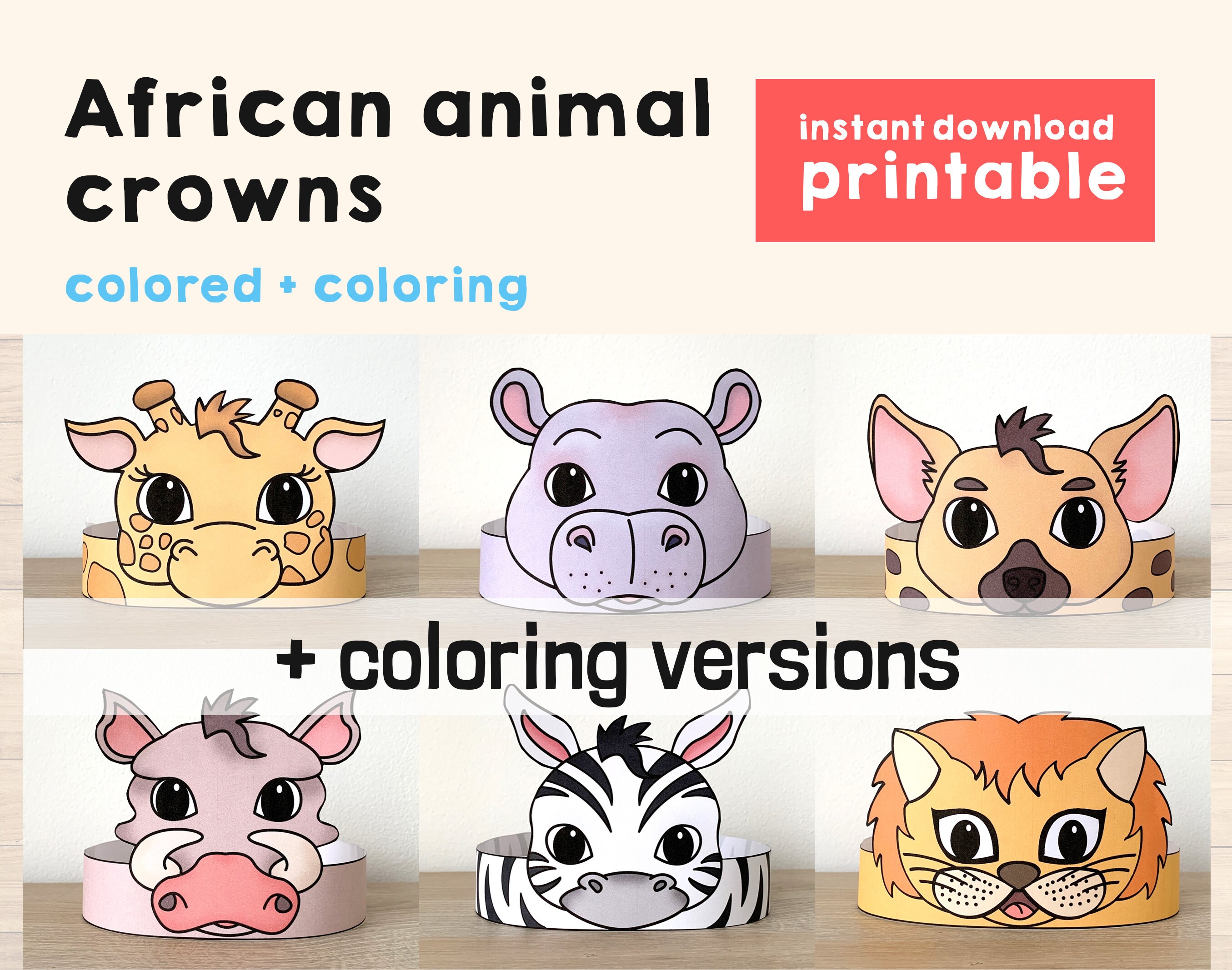 African Safari Animals Paper Crowns Giraffe Hippo Hyena Lion - Etsy
