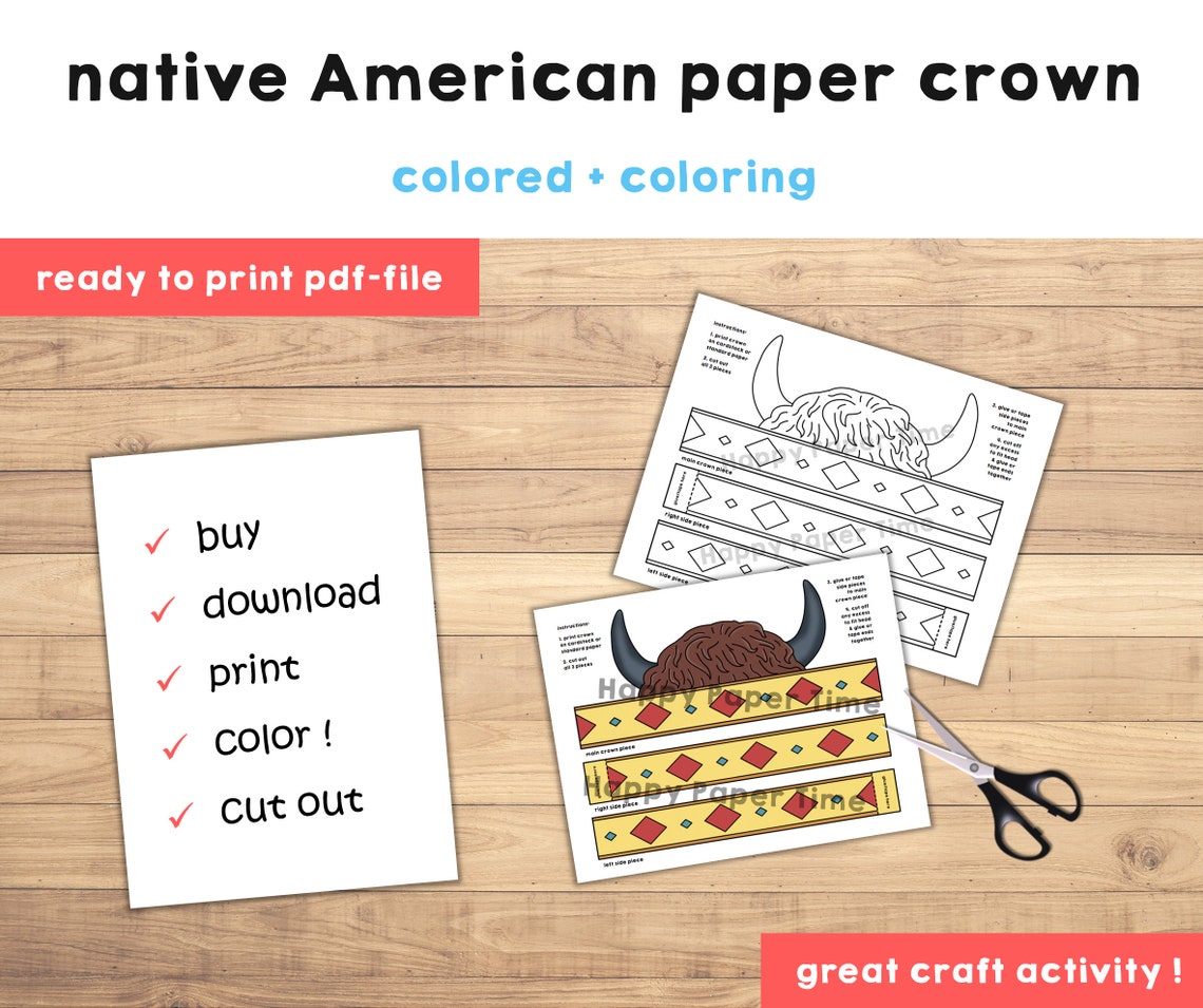Native American Paper Craft Bison Headdress Crown Party Coloring ...
