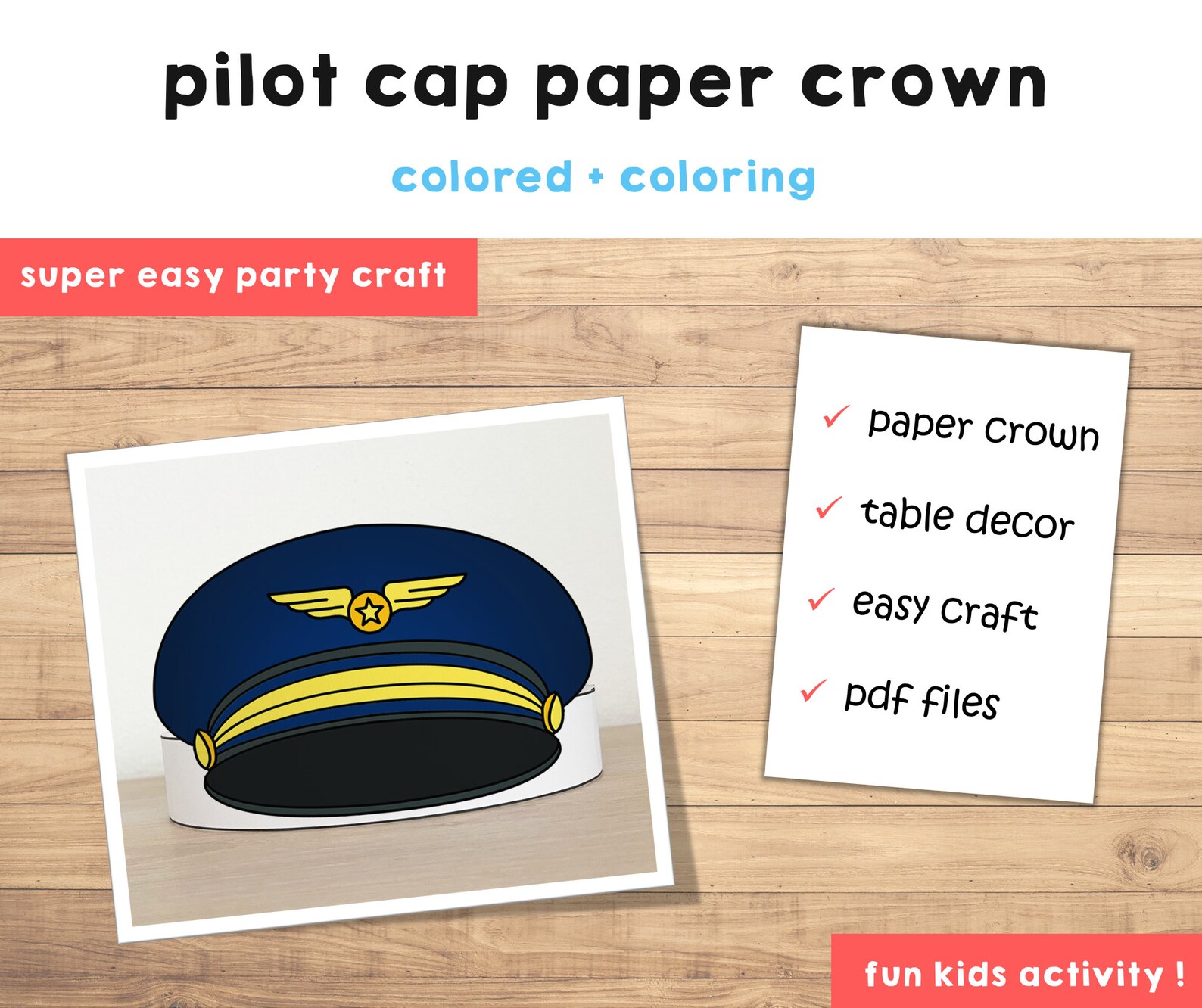 Pilot Cap Paper Crown Airline Party Coloring Printable Kids Craft ...