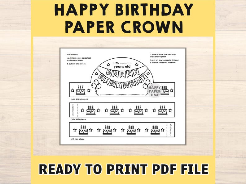 Happy Birthday Paper Crown Party Activity Printable Kids Coloring Craft ...
