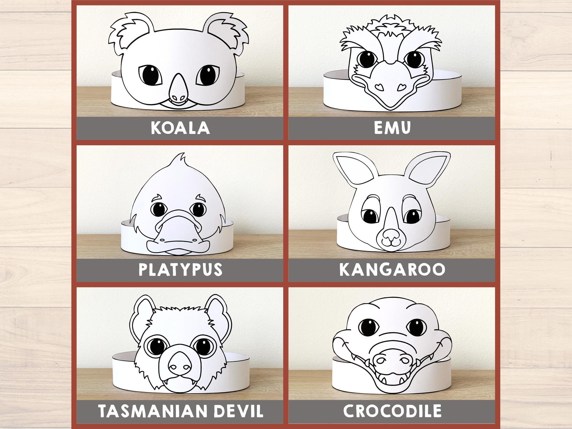 Australian Animal Paper Crowns Safari Koala Kangaroo Crocodile Emu ...