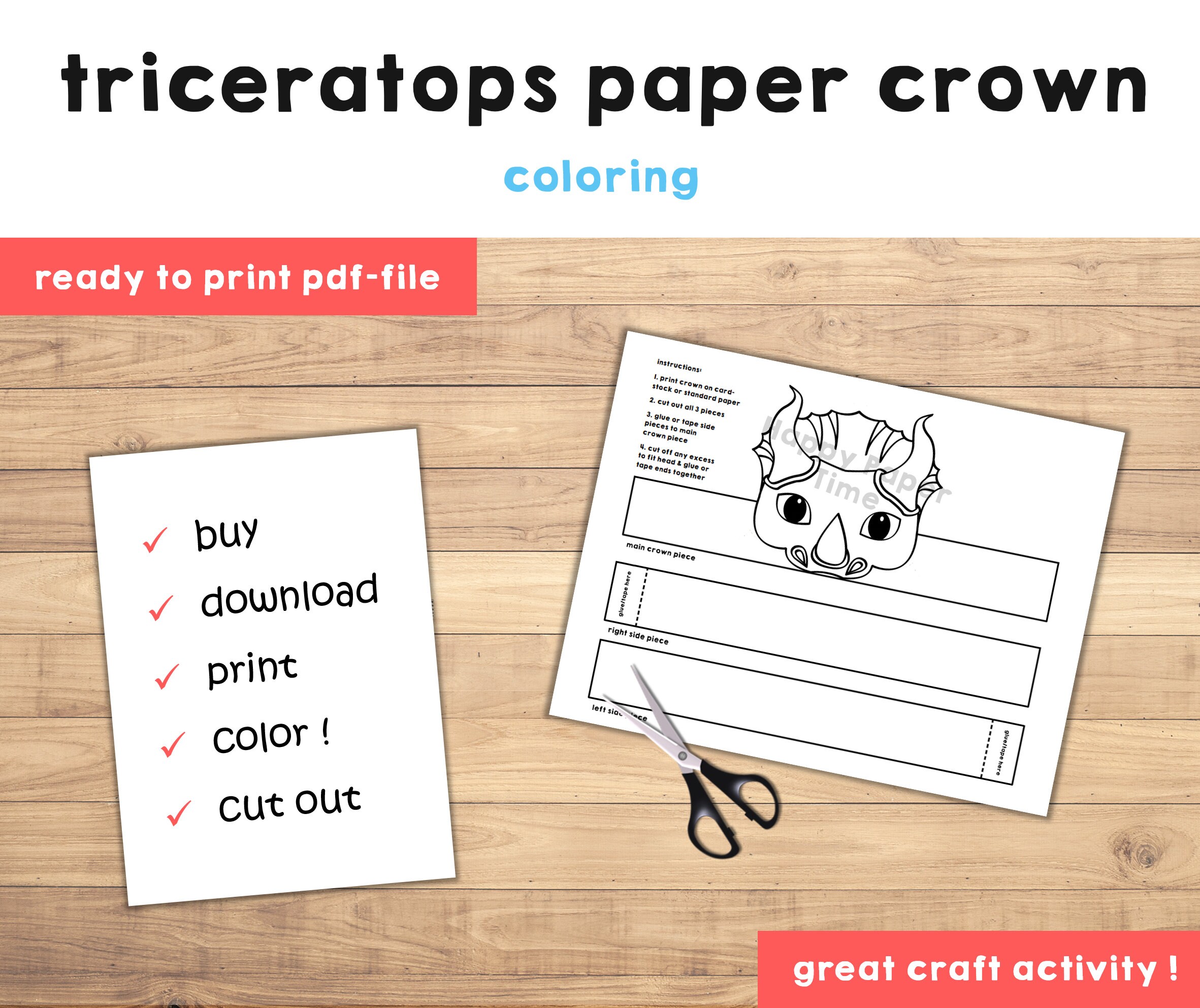 Triceratops Paper Crown Party Coloring Printable Kids Craft | Etsy