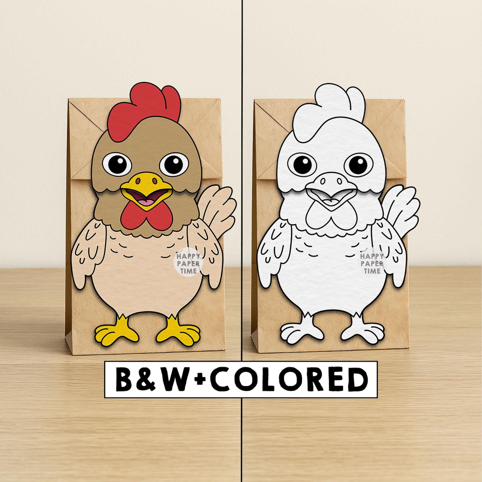 Chicken Paper Bag Puppet Printable Farm Animal Craft Activity Cut Paste ...