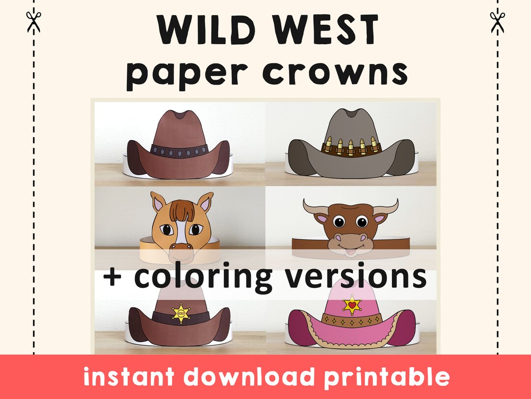 Wild West Paper Crown Coloring Headband Cowboy Sheriff Cowgirl Party ...