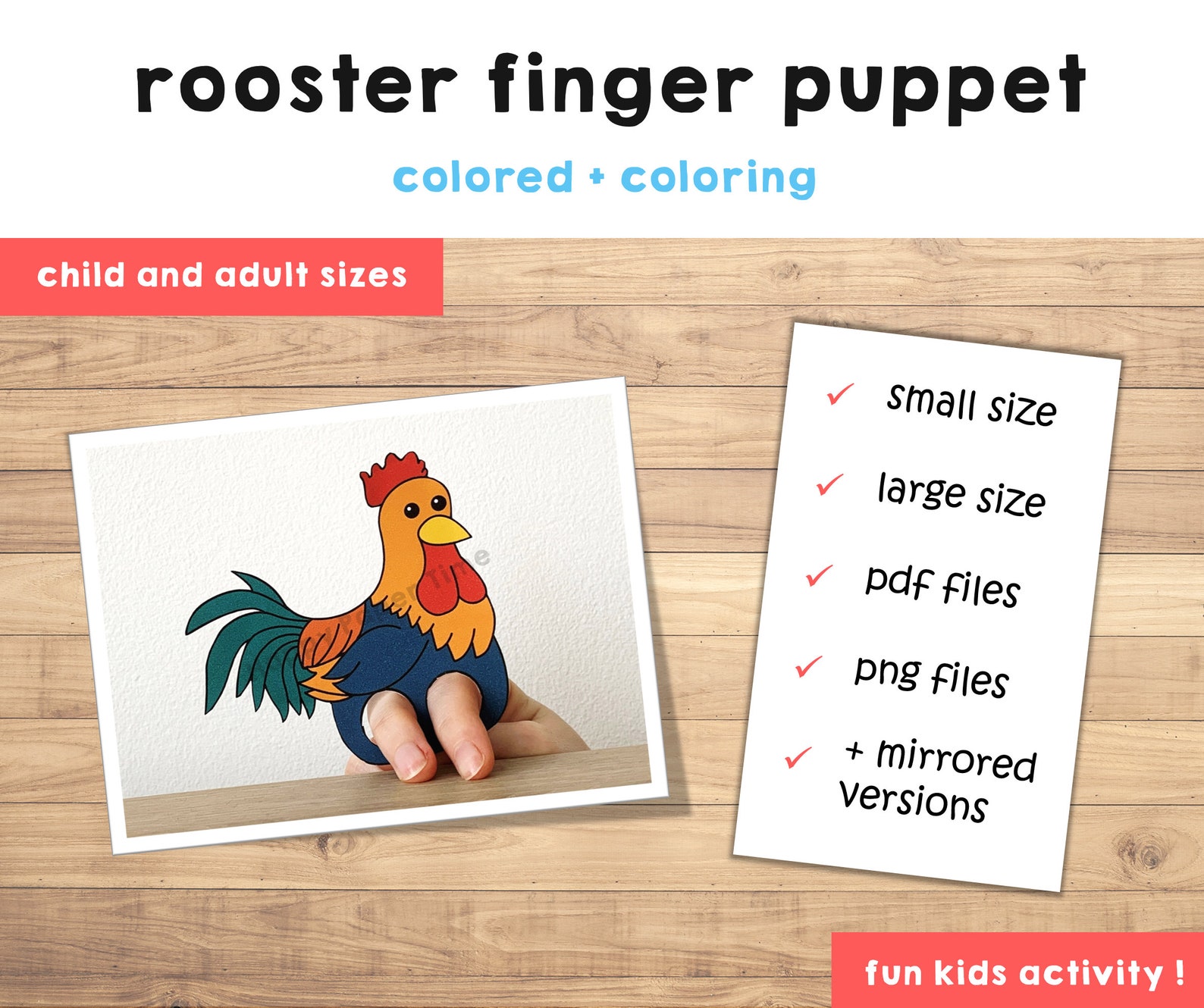 Rooster paper craft printable farm animal Finger Puppet Kids | Etsy