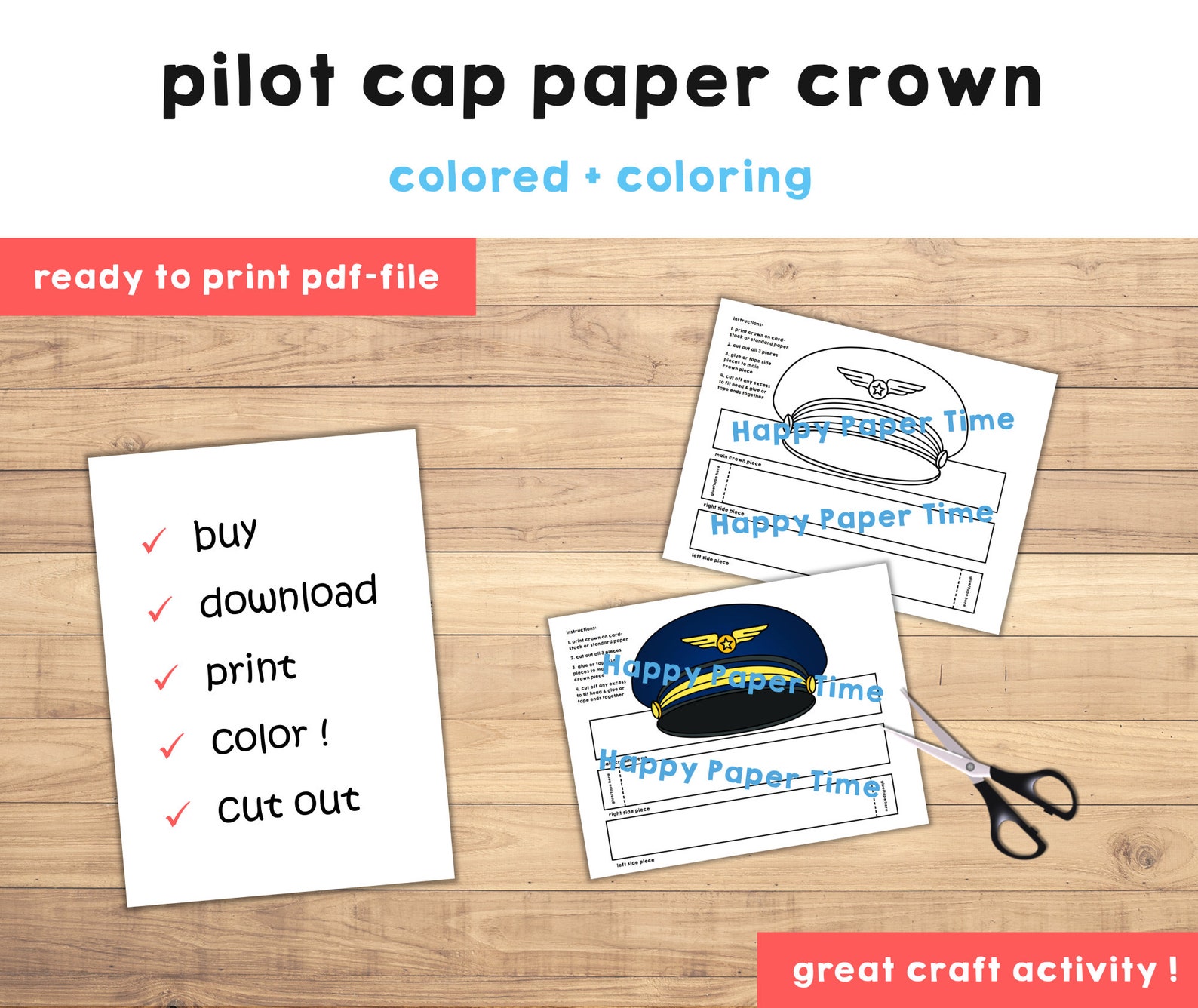 Pilot Cap Paper Crown Airline Party Coloring Printable Kids Craft ...