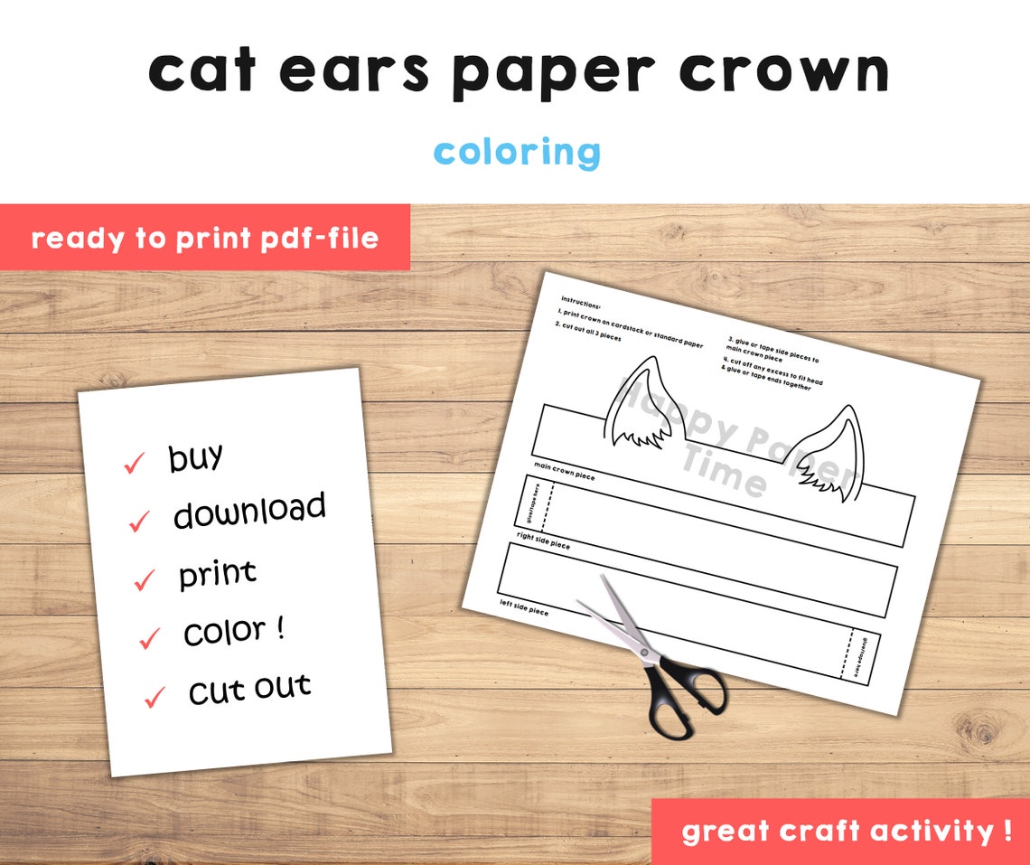 Cat Ears Paper Crown Party Coloring Printable Kids Craft - Etsy