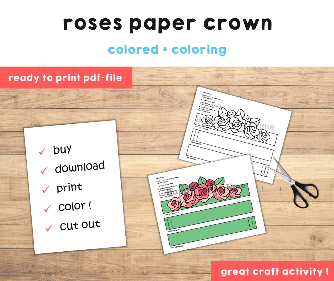 Roses Paper Crown Party Coloring Printable Kids Craft Spring Fairy ...