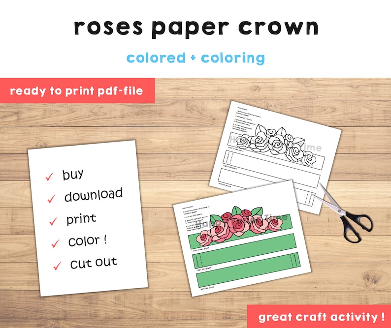 Roses Paper Crown Party Coloring Printable Kids Craft Spring - Etsy