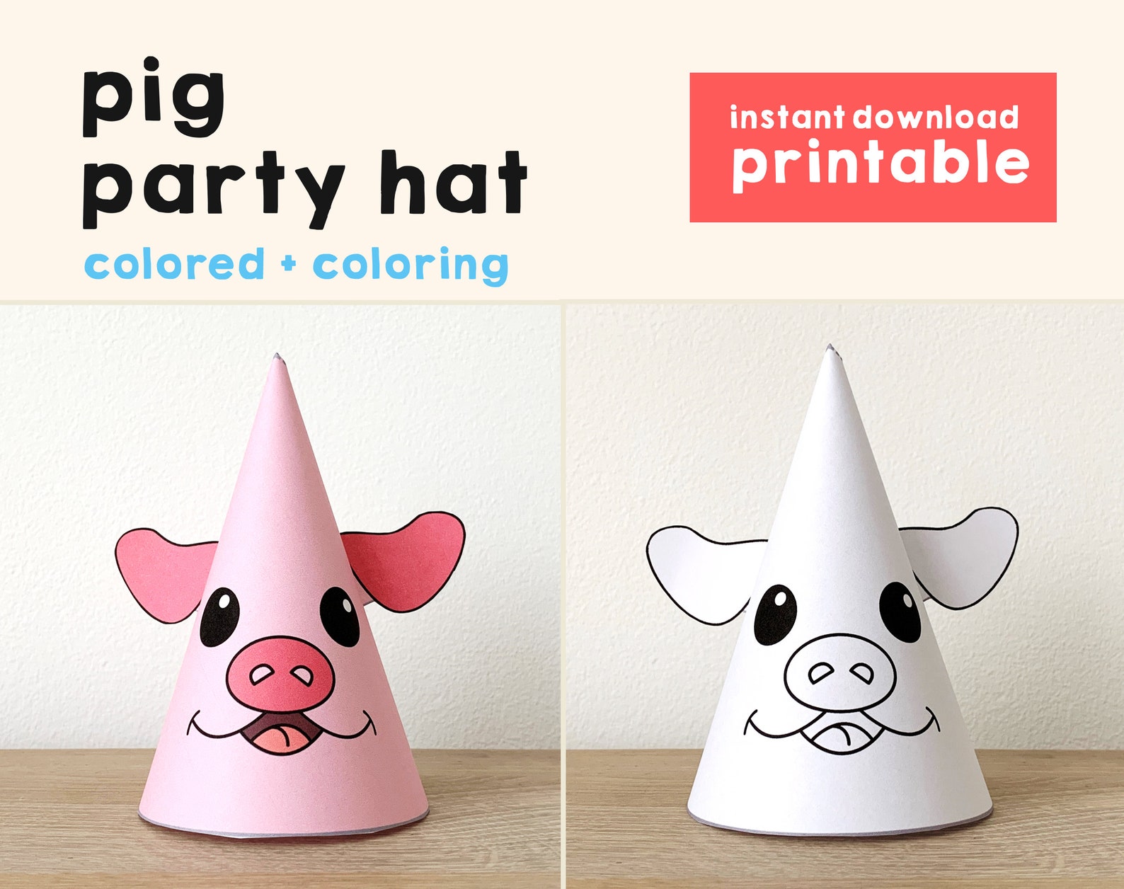 Pig party hat paper printable Template Print out Farm animal | Etsy