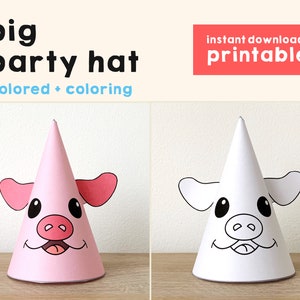 Pig party hat paper printable Template Print out Farm animal | Etsy