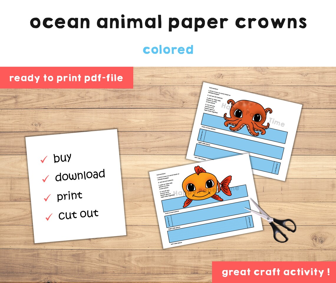Ocean Animals Paper Crowns Shark Fish Octopus Whale Sea Turtle Crab ...