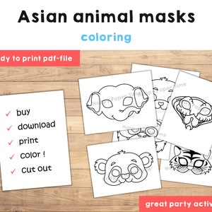 Asian Jungle Animal Masks Coloring Craft Activity for Kids, Printable ...