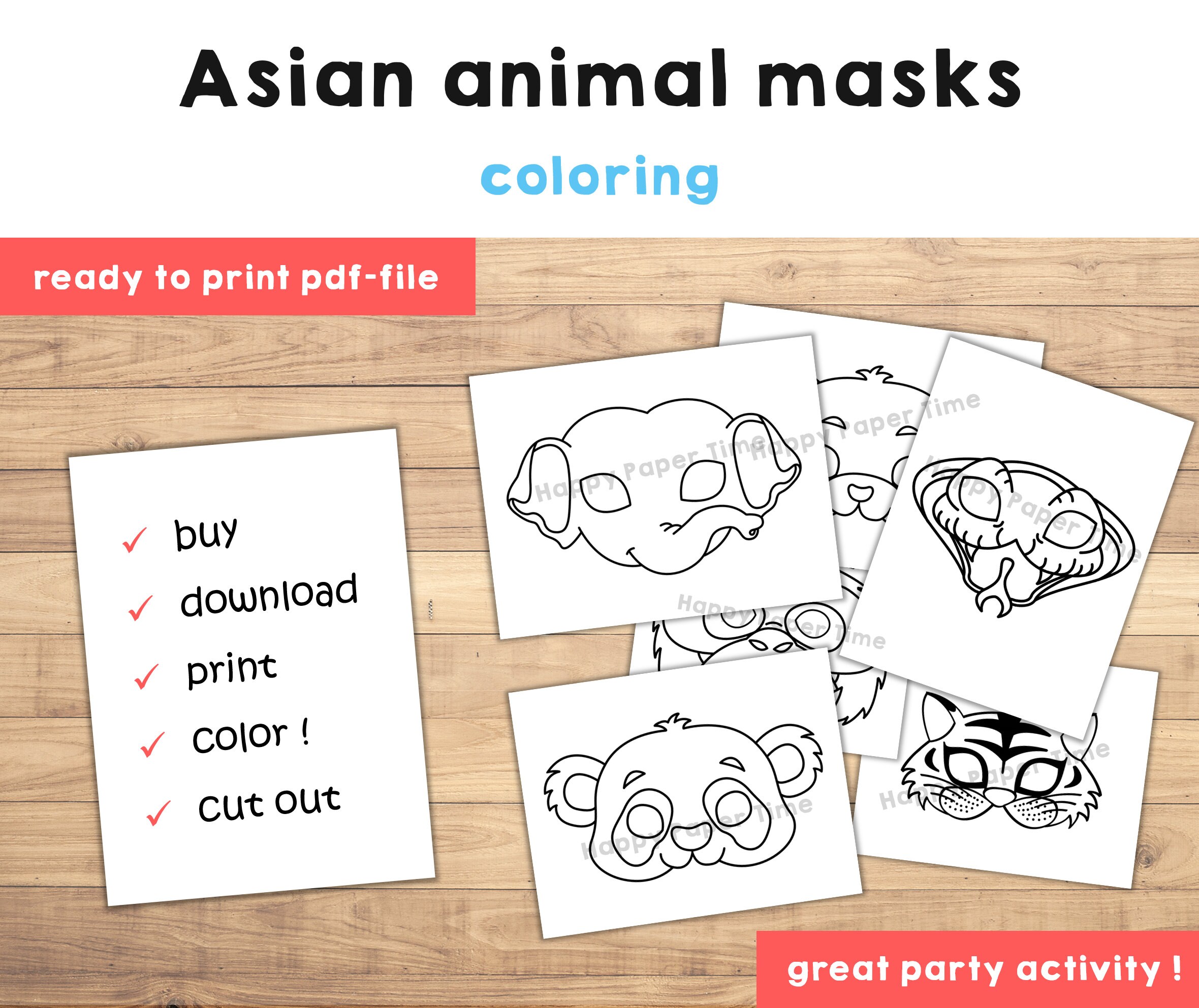 Asian Jungle Animal Masks Coloring Craft Activity for Kids, Printable ...