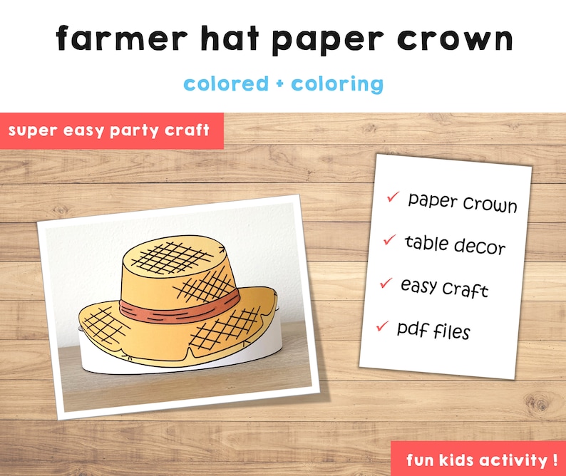 Farmer Straw Hat Gardener Paper Crown Party Coloring Printable | Etsy