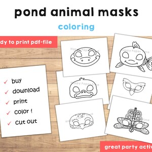 Pond Animals Paper Mask Craft Activity Coloring for Kids, Duck, Frog ...