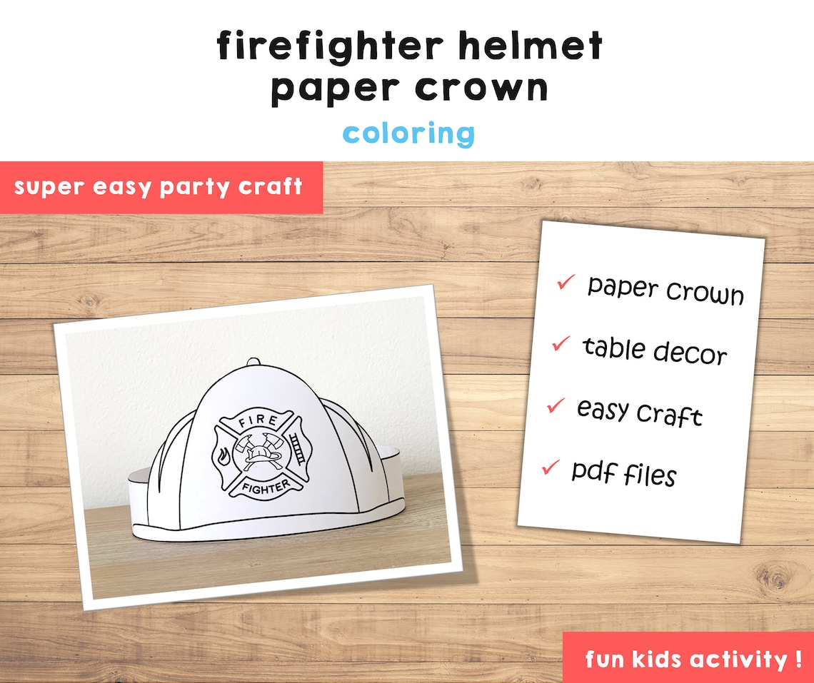 Firefighter Helmet Paper Crown Party Coloring Printable Kids | Etsy