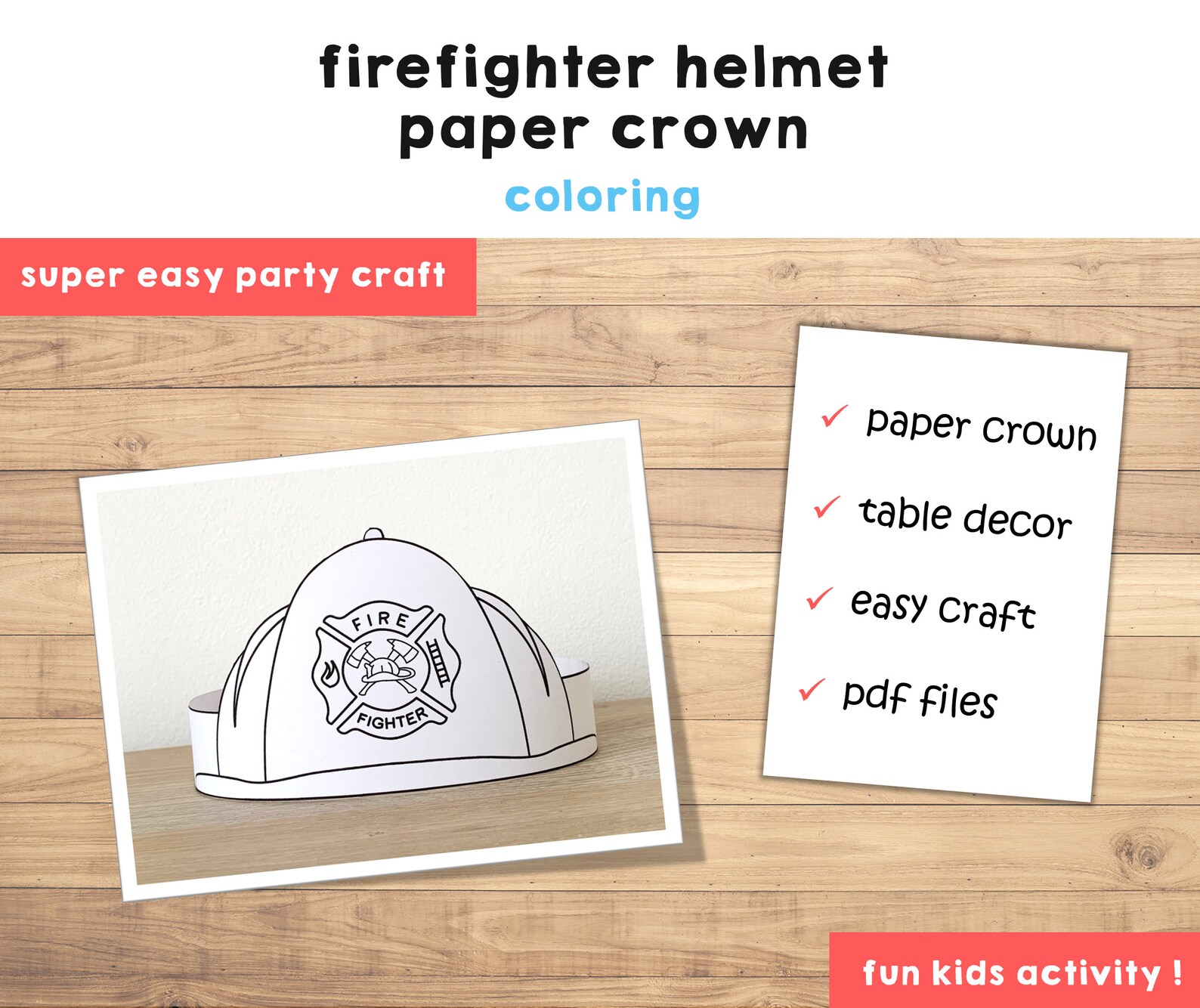 Firefighter Helmet Paper Crown Party Coloring Printable Kids | Etsy