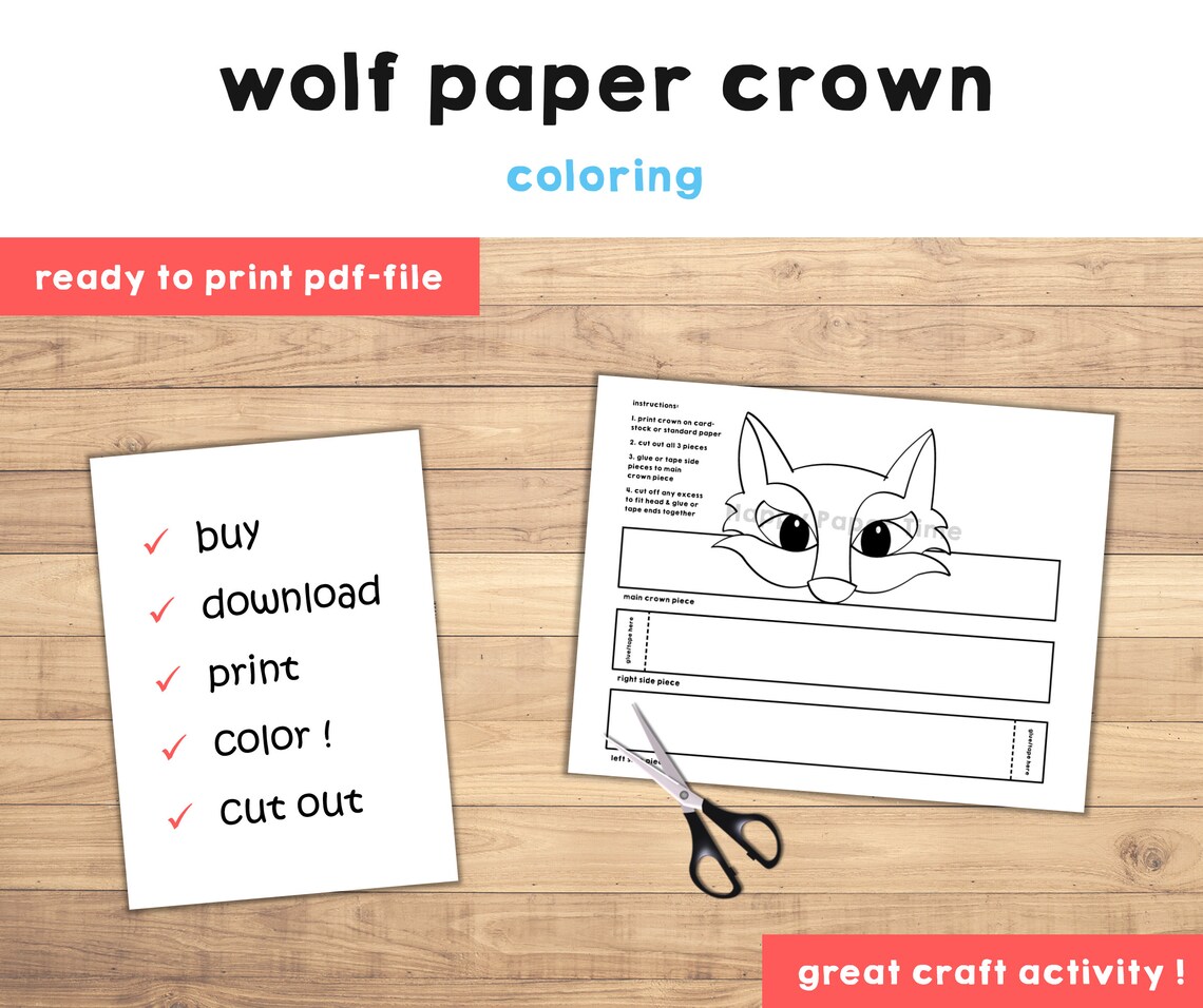 Wolf Paper Crown Coloring Printable Kids Craft Wolf Woodland Birthday ...