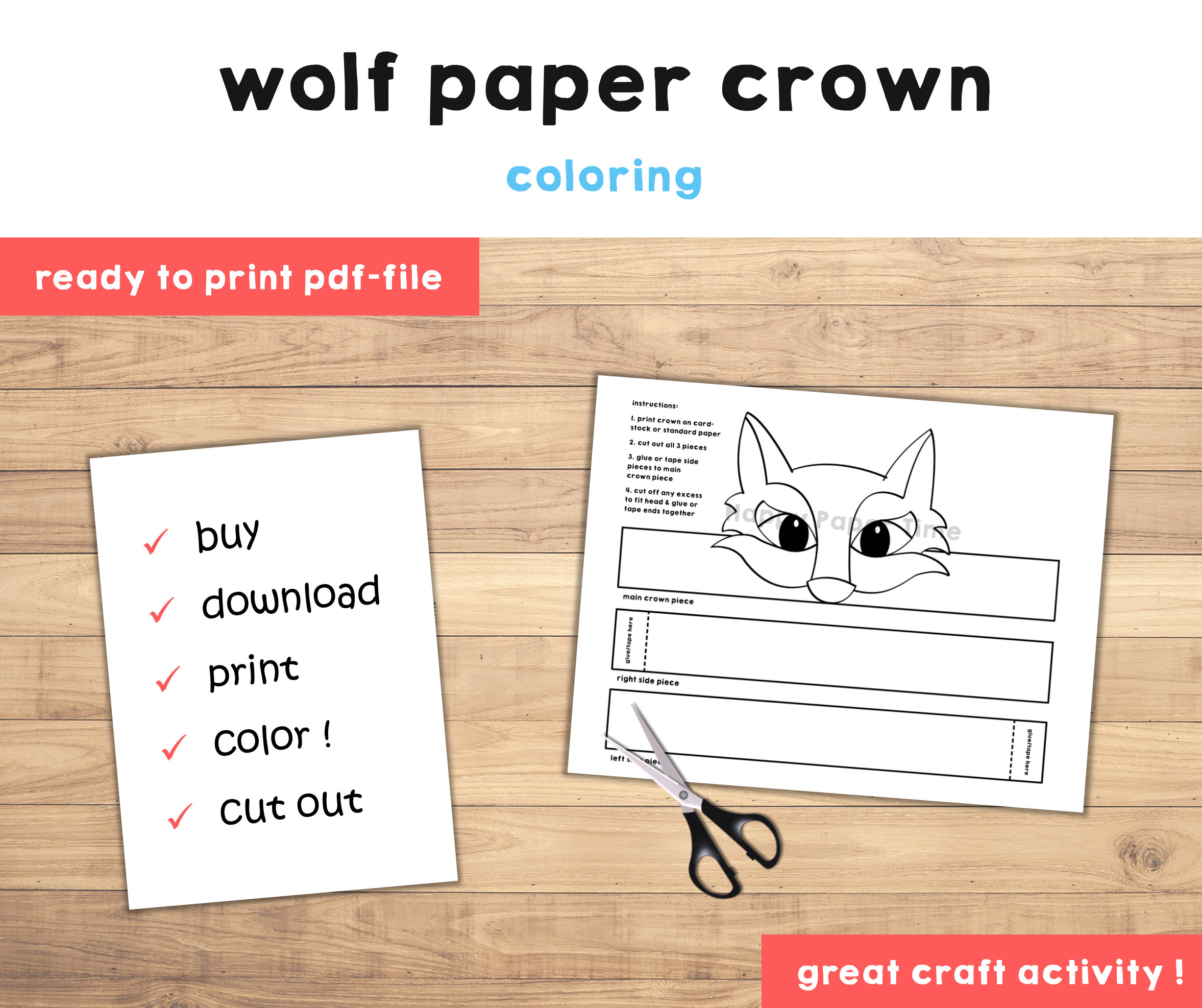 Wolf Paper Crown Coloring Printable Kids Craft Wolf Woodland | Etsy