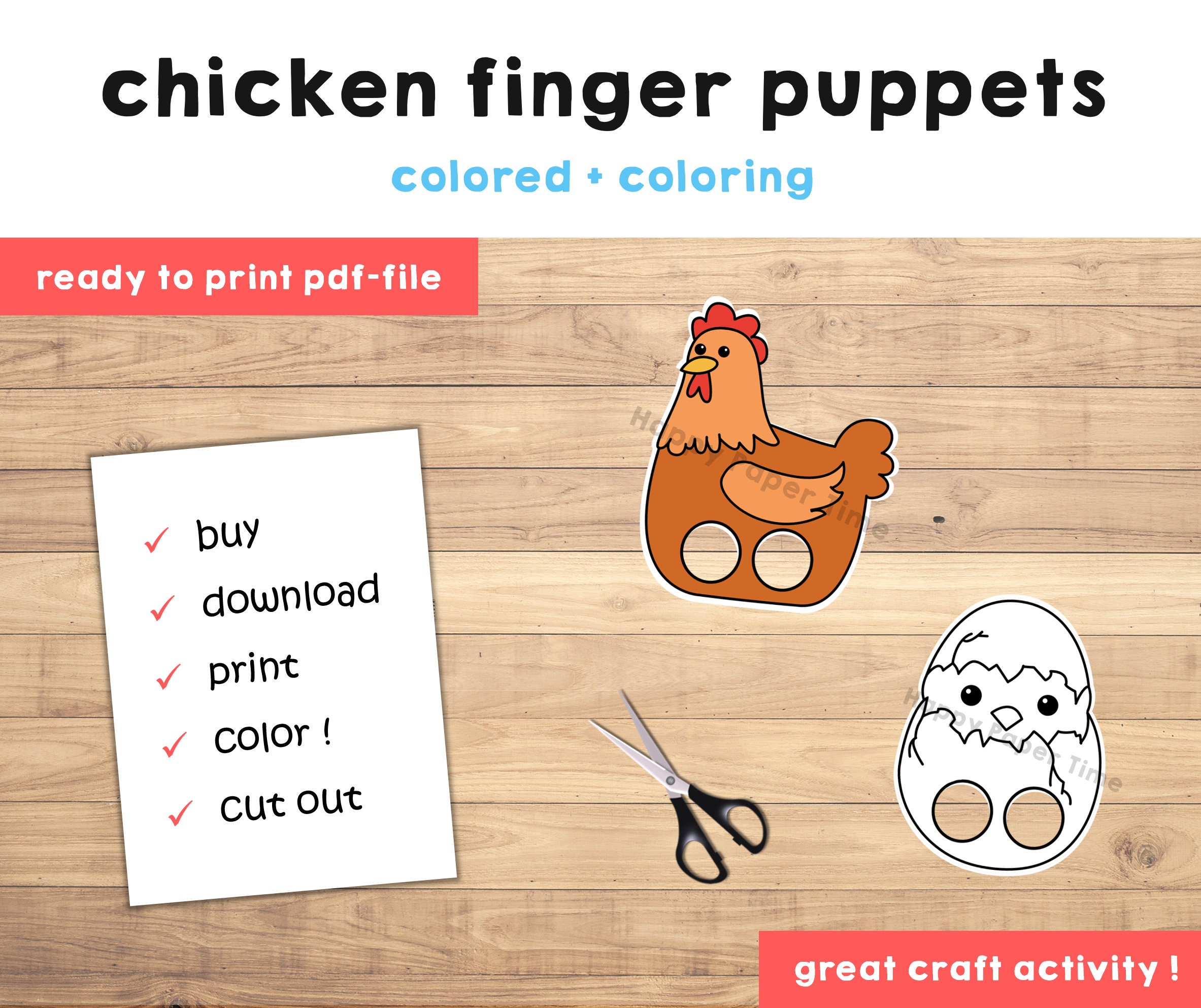 Chicken Puppet Paper Craft Printable Finger Puppet Kids Craft Animal ...