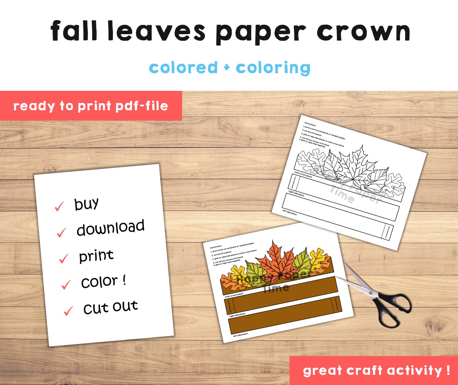 Fall Leaves Paper Crown Thanksgiving Autumn Party Coloring - Etsy
