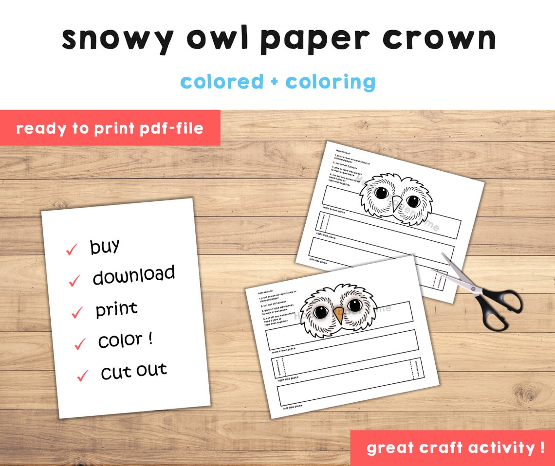 Snowy Owl Paper Crown Party Coloring Paper Hat Printable Kids Craft ...