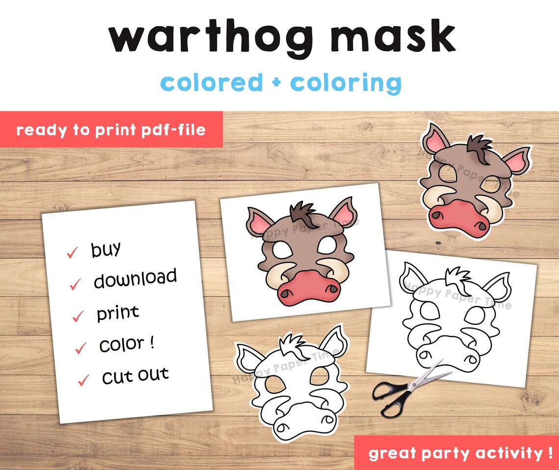 Warthog Mask Costume Animal Mask Printable Party Favor African Jungle ...