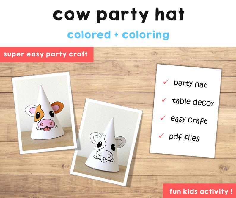 Cow Party Hat Paper Printable Template Print Out Farm Animal - Etsy