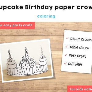 Birthday Cupcake Paper Crown Party Activity Printable Kids Coloring ...