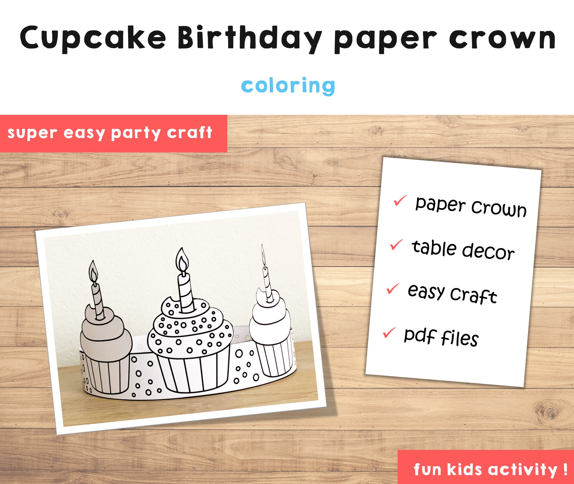 Birthday Cupcake Paper Crown Party Activity Printable Kids - Etsy