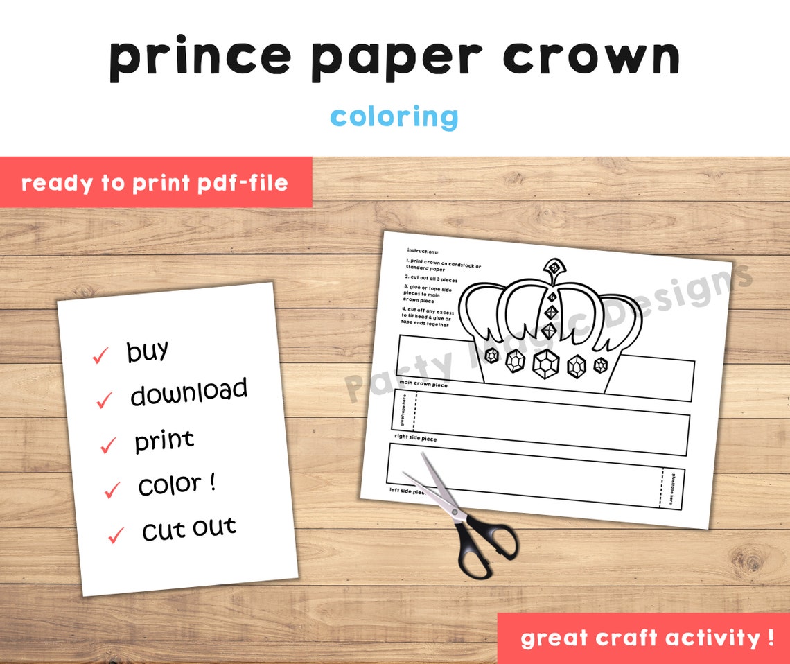 Prince Paper Crown Coloring Printable Kids Craft Prince | Etsy