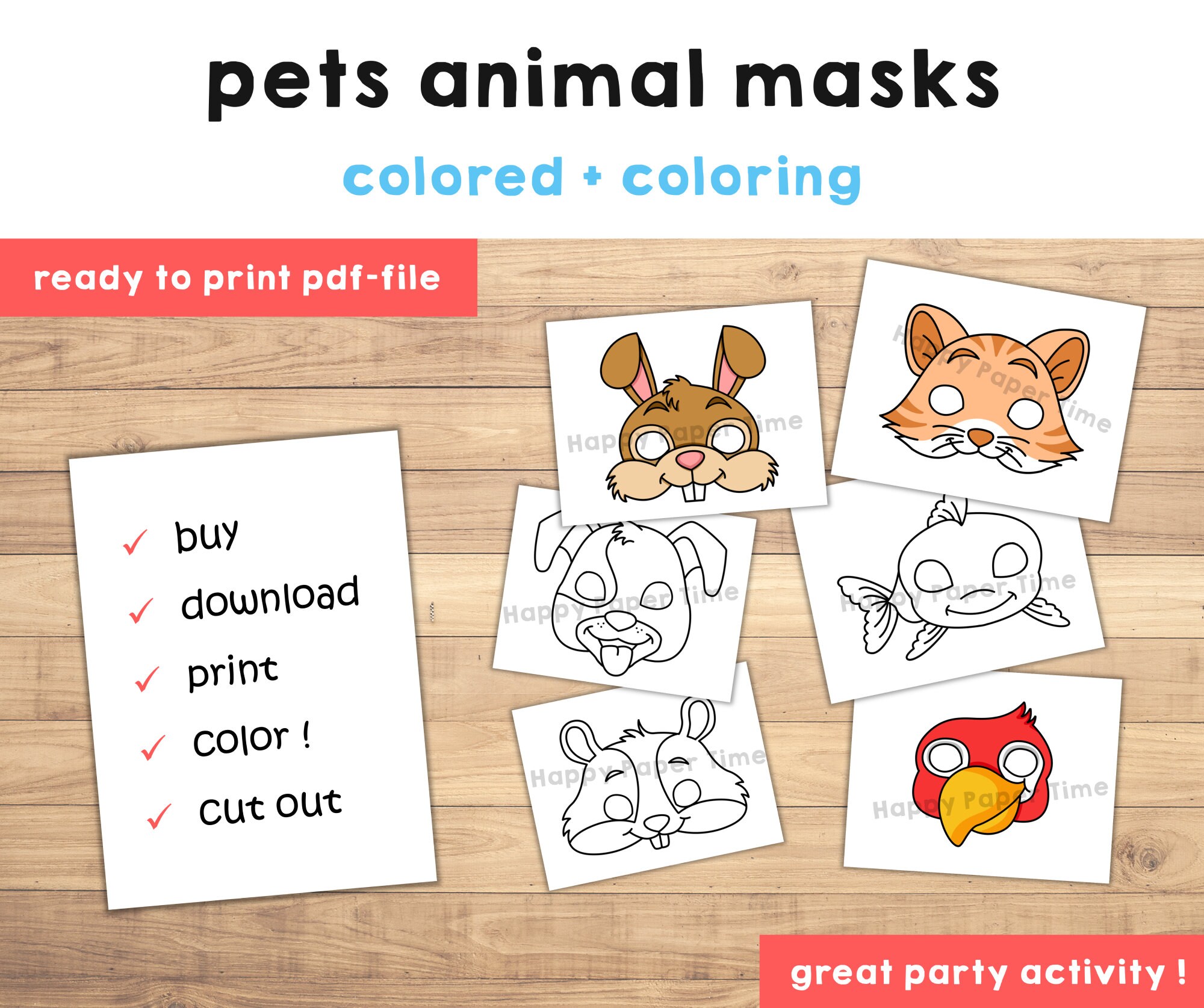 Pets Animal Masks Template Cat Dog Hamster Goldfish Bunny Parrot ...