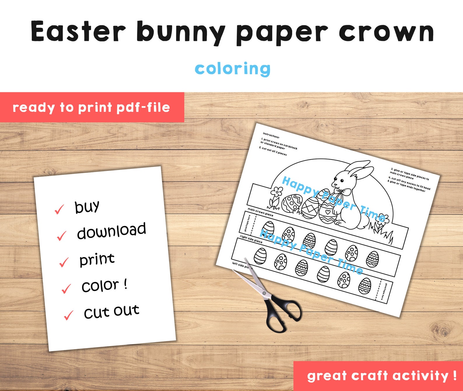 Easter Bunny Hat Paper Crown Coloring Headband Easter Cut Out Party ...