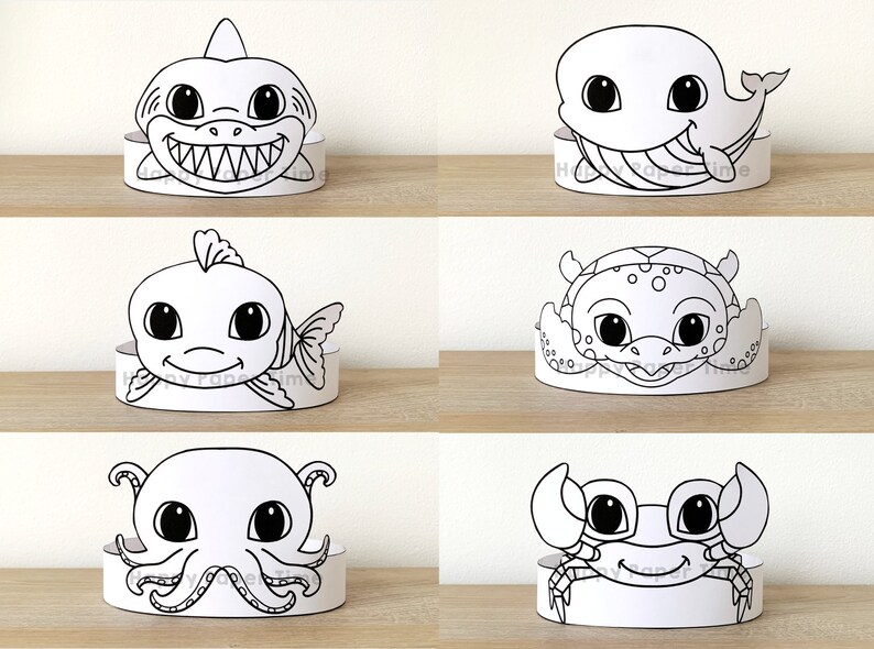 Ocean Animals Paper Crowns Shark Fish Octopus Whale Sea Turtle Crab ...