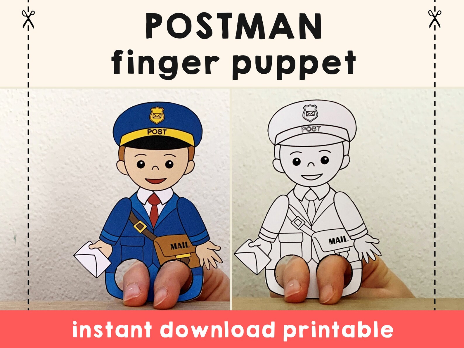 Postman Paper Craft Printable Community Helper Finger Puppet Kids ...