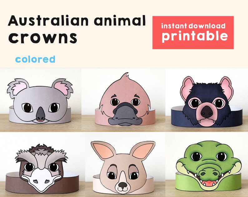 Australian Animal Paper Crowns Safari Koala Kangaroo Crocodile - Etsy