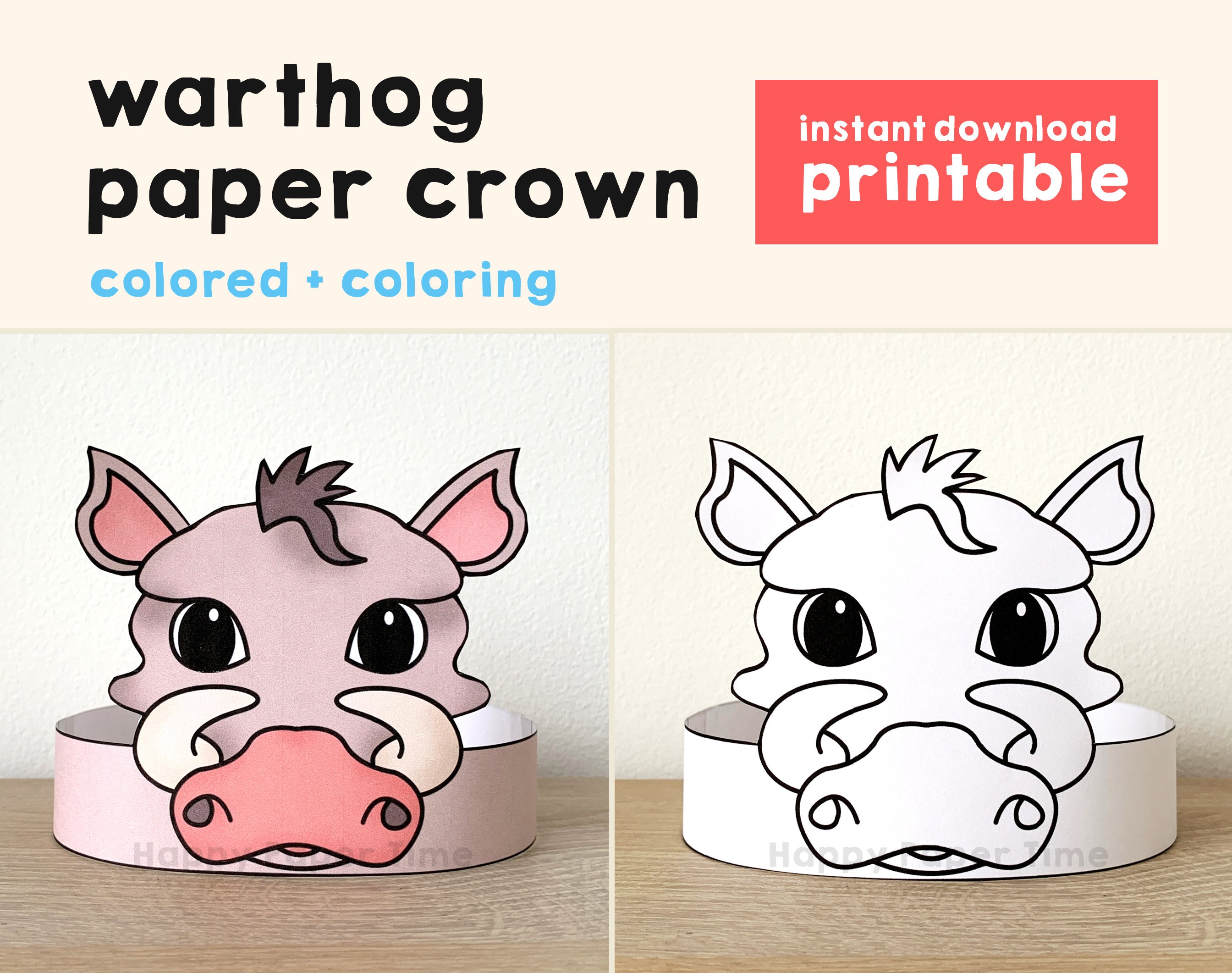 Warthog Paper Crown Party Coloring Printable Kids Craft - Etsy