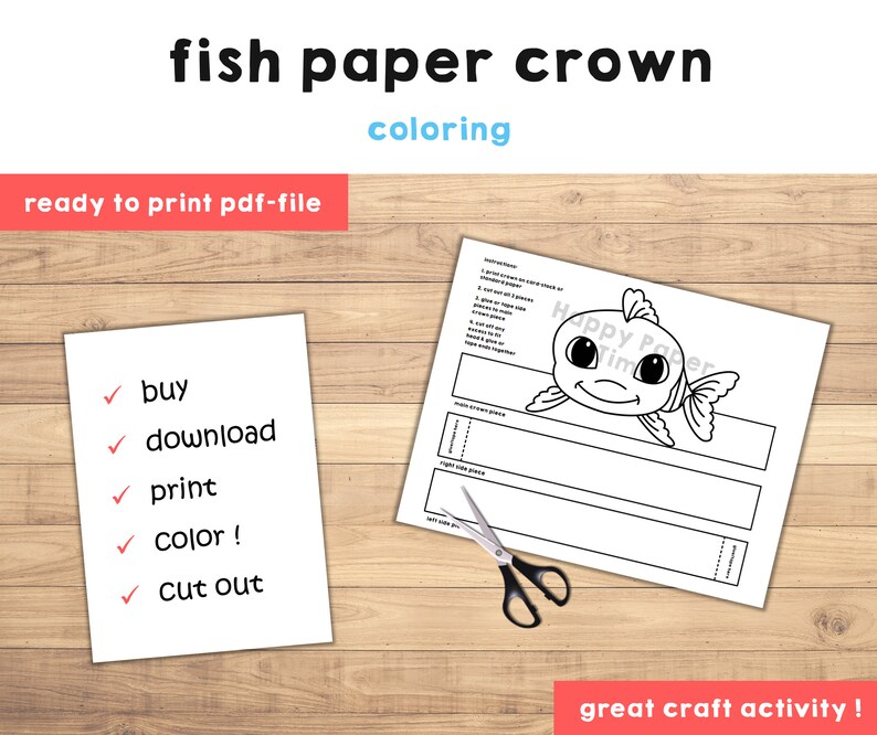 Fish Paper Crown Party Coloring Printable Party Hat Kids Craft - Etsy