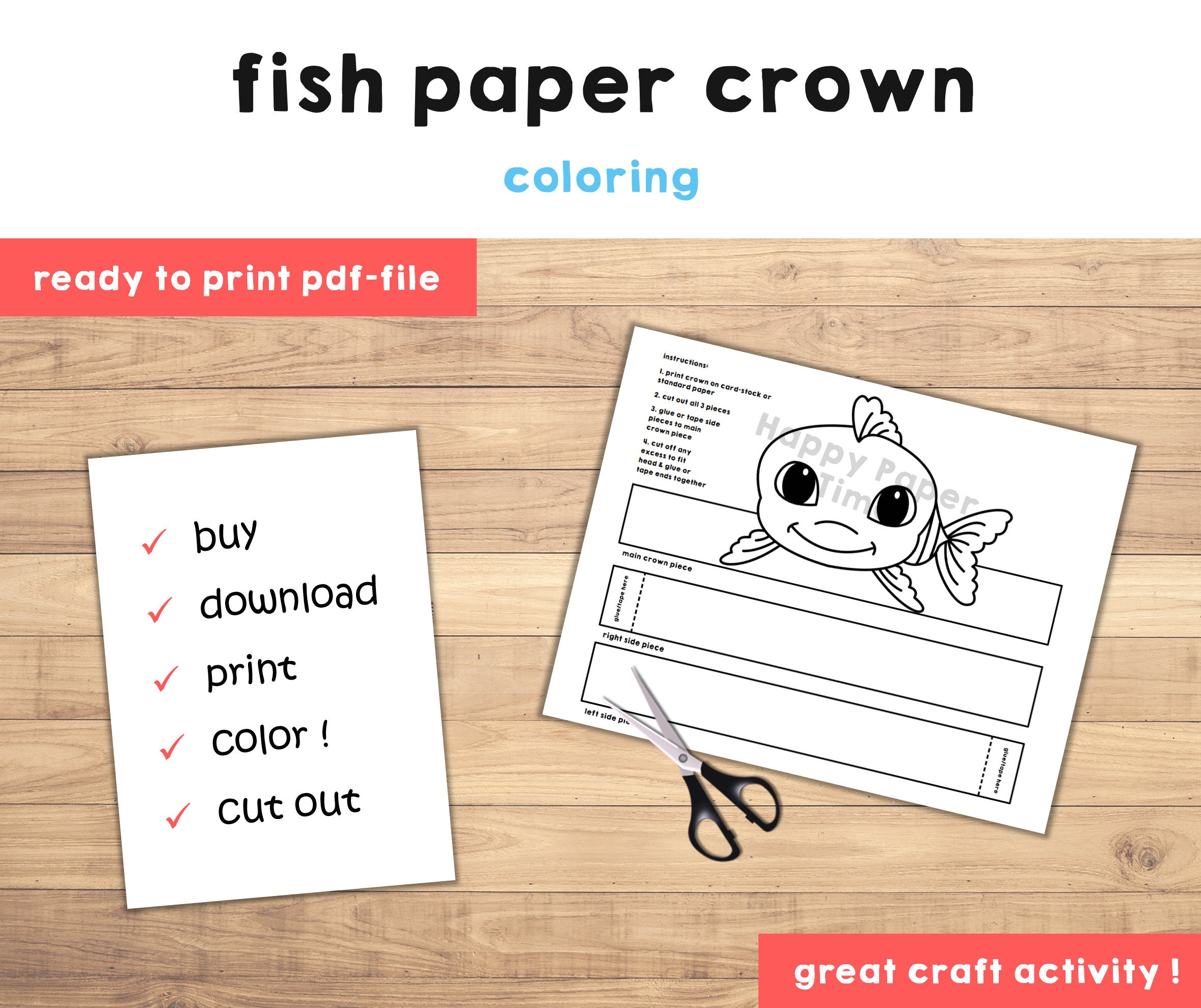 Fish Paper Crown Party Coloring Printable Party Hat Kids Craft - Etsy