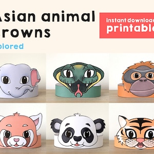 Asian Jungle Animals Paper Crowns Panda Elephant Cobra Tiger Orangutan ...