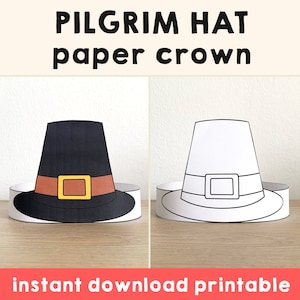 Pilgrim Hat Paper Crown Thanksgiving Settler Party Coloring Printable ...
