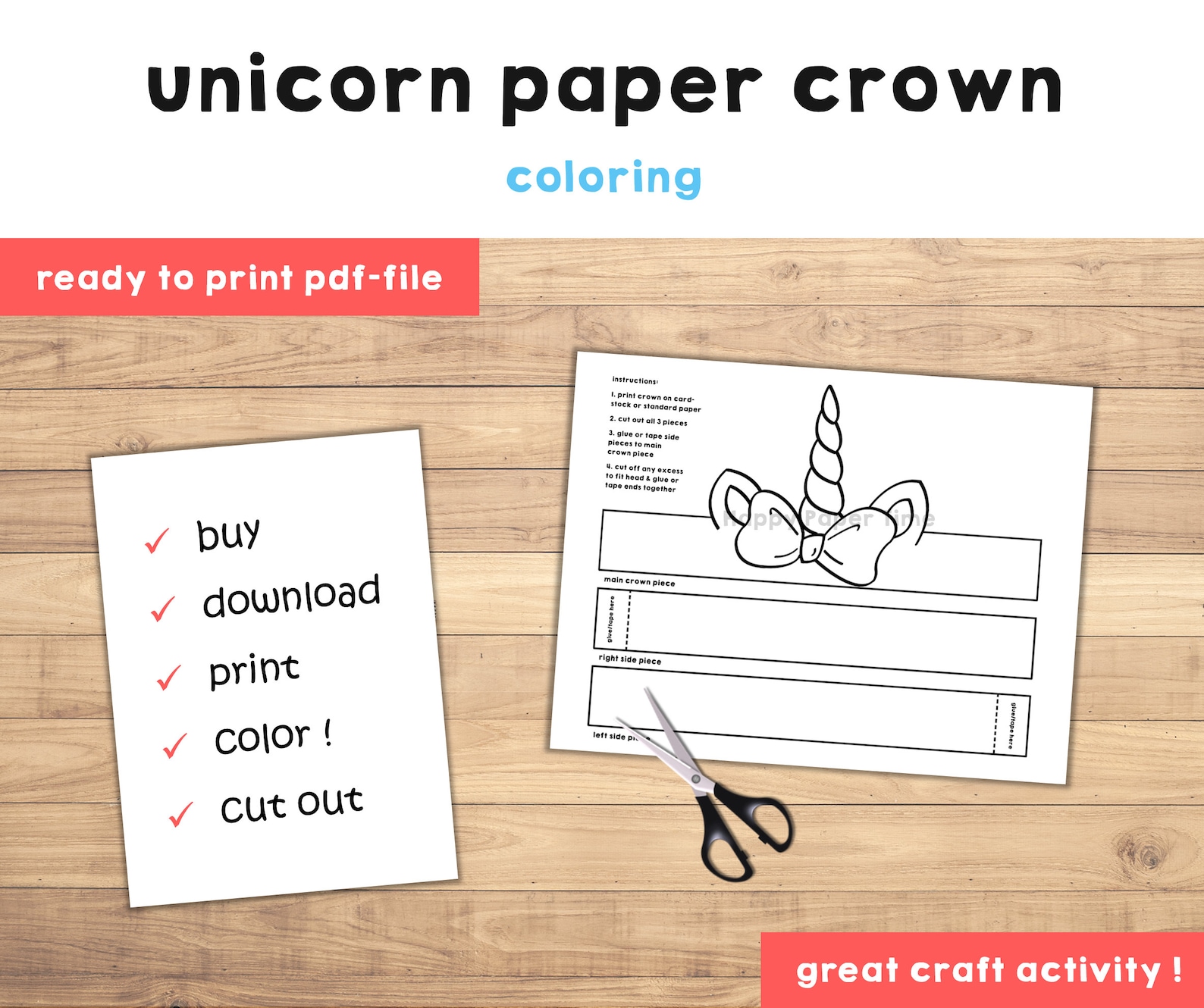 Unicorn Paper Crown Coloring Printable Kids Craft Unicorn Princess ...