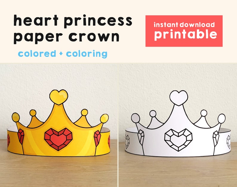 Heart Princess Paper Crown Party Activity Printable Kids Easy - Etsy