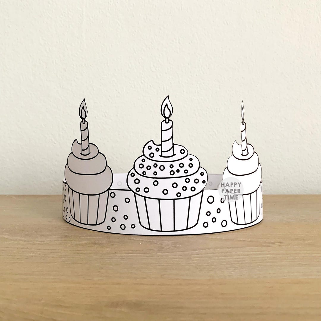 Birthday Cupcake Paper Crown Party Activity Printable Kids Coloring ...