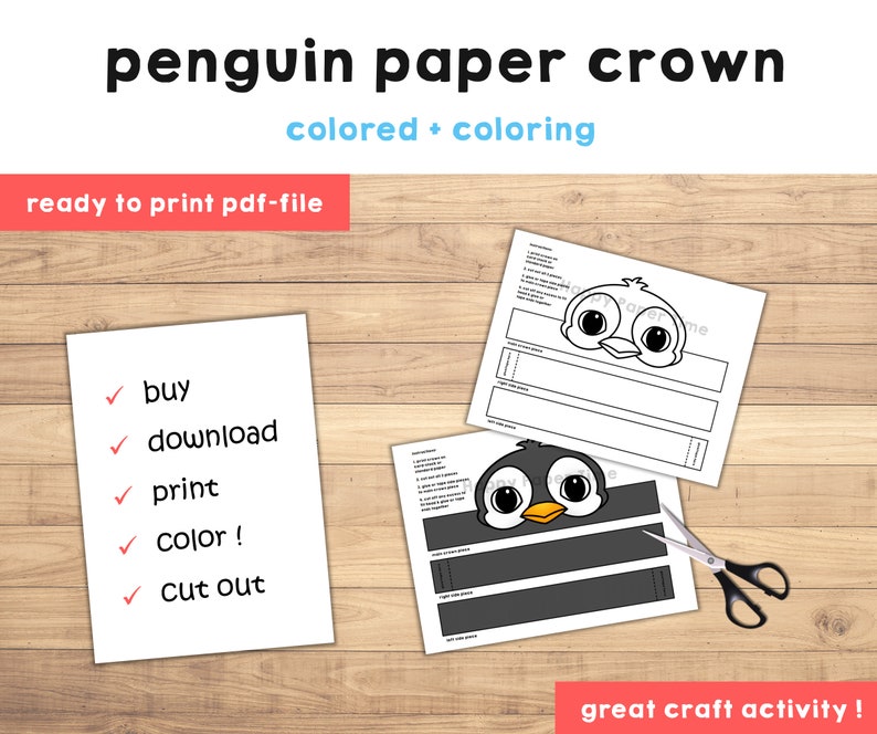 Penguin Paper Crown Party Coloring Paper Hat Printable Kids - Etsy