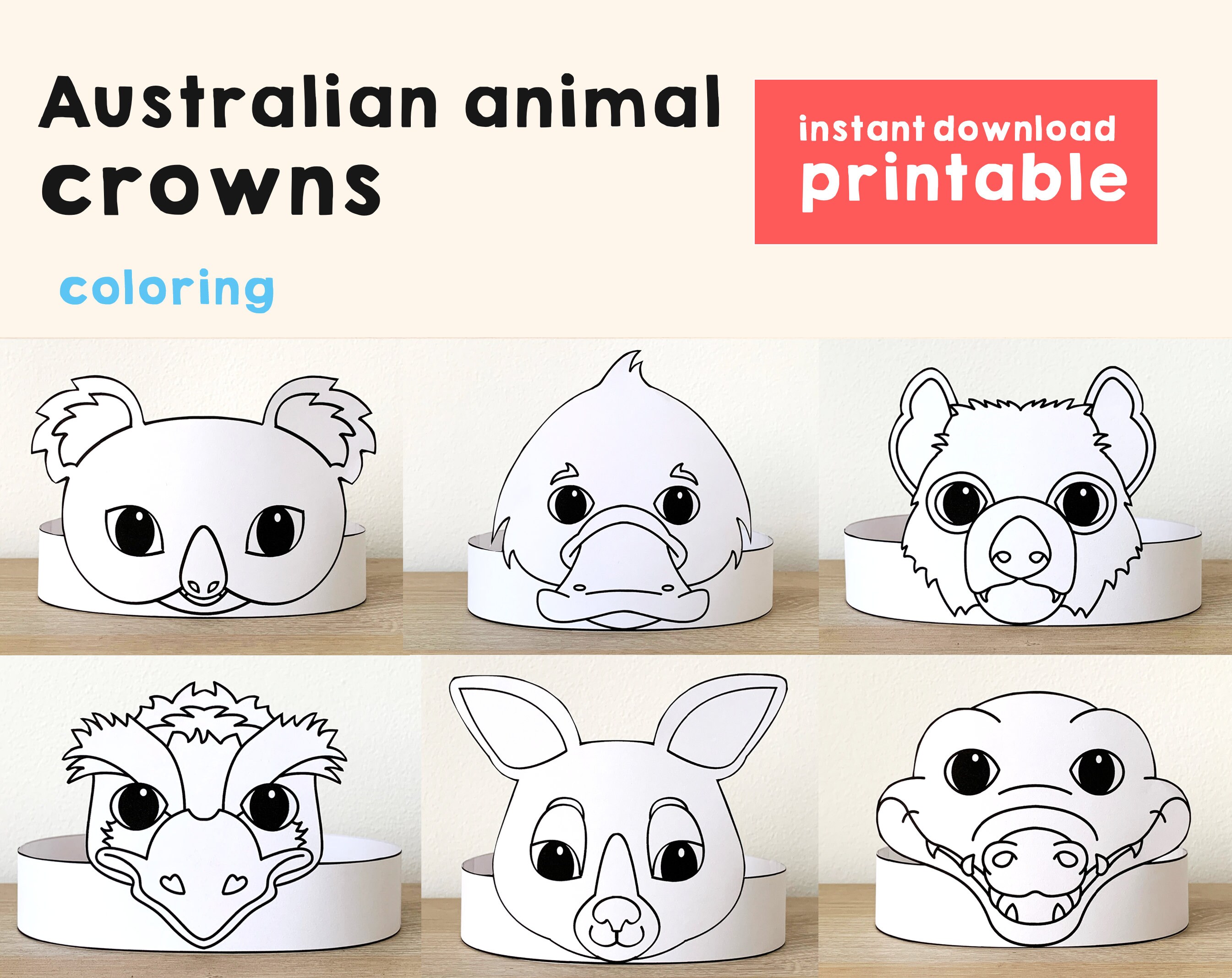 Australian Animal Paper Crowns Safari Koala Kangaroo Crocodile - Etsy