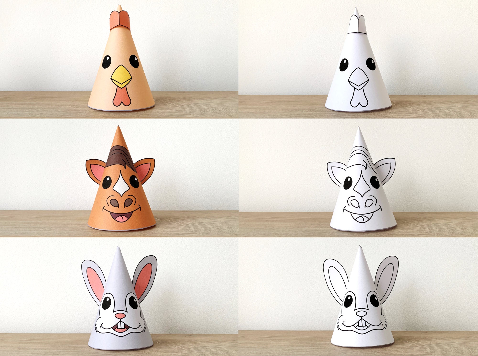 Farm Animal Party Hats Paper Printable Table Pig Horse Cow - Etsy