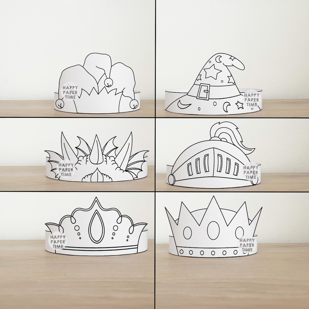 Medieval Fantasy Paper Crown Coloring Headband Knight Dragon Princess ...
